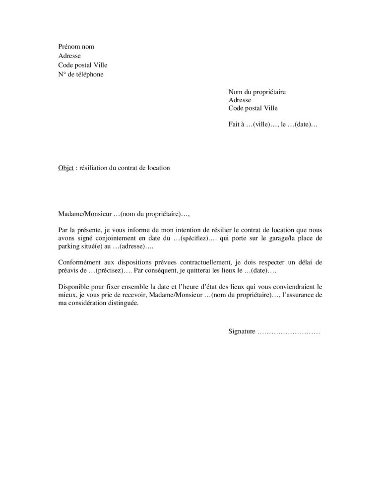 Modèle lettre pour résilier une location de garage ou parking