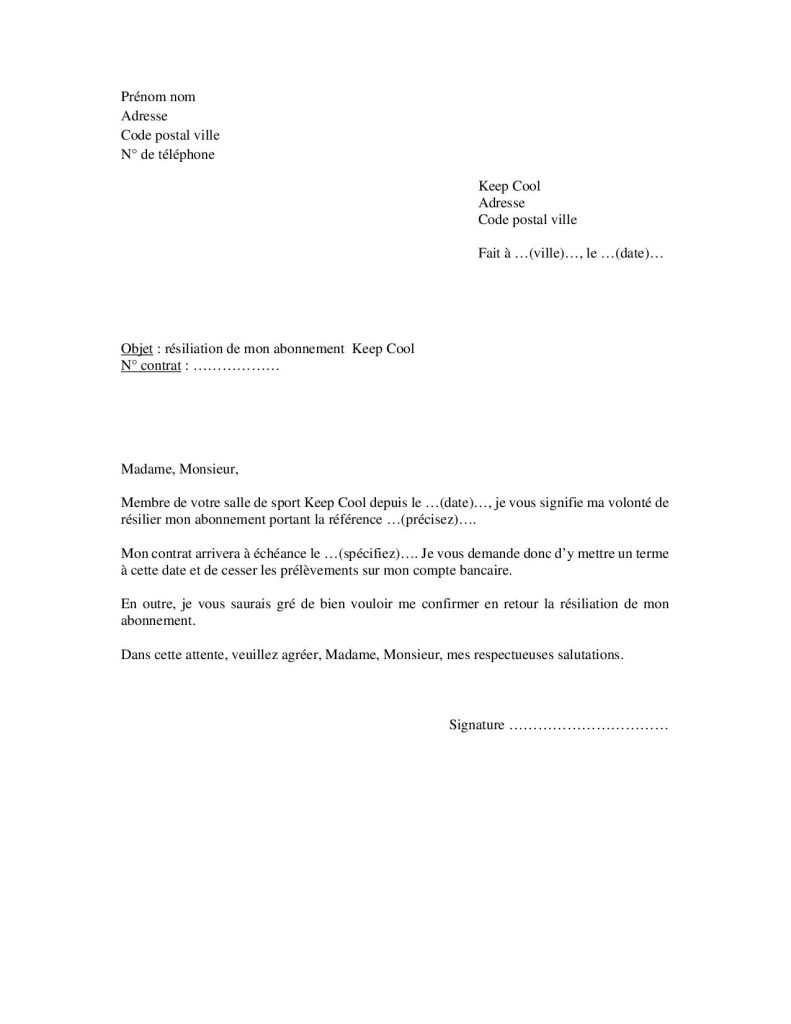 Modèle de courrier pour résilier un contrat Keep Cool